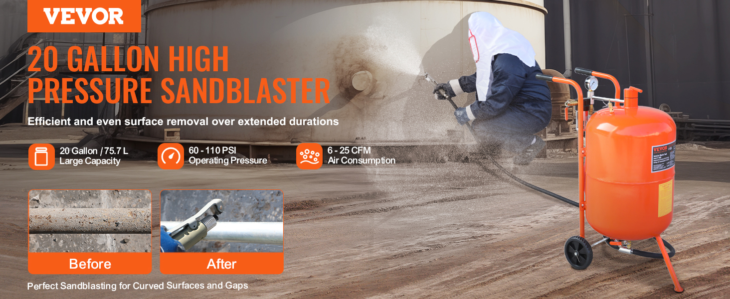 VEVOR 20 Gallon Sand Blaster, 60-110 PSI High Pressure Sandblaster ...