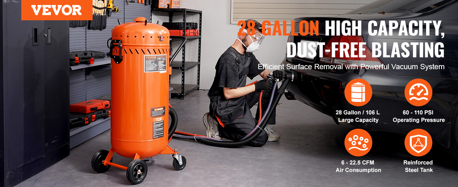 VEVOR 28 Gal Vacuum Sand Blaster Dustless Sandblaster with 1200W Vacuum ...