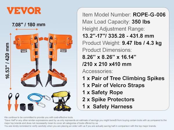 VEVOR Tree Climbing Spikes Set Climbing Spurs Alloy Steel Safety Rope ...