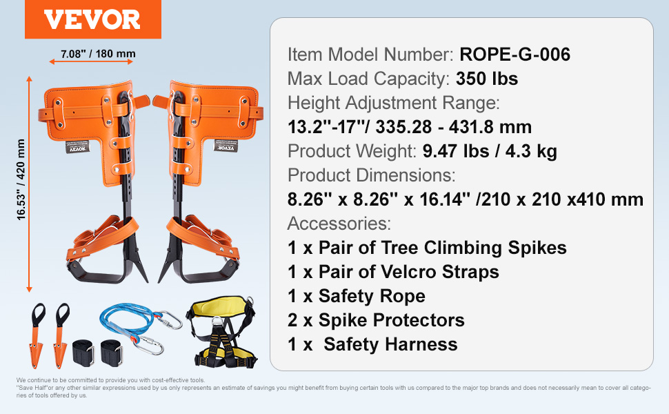 VEVOR Tree Climbing Spikes Set Climbing Spurs Alloy Steel Safety Rope ...