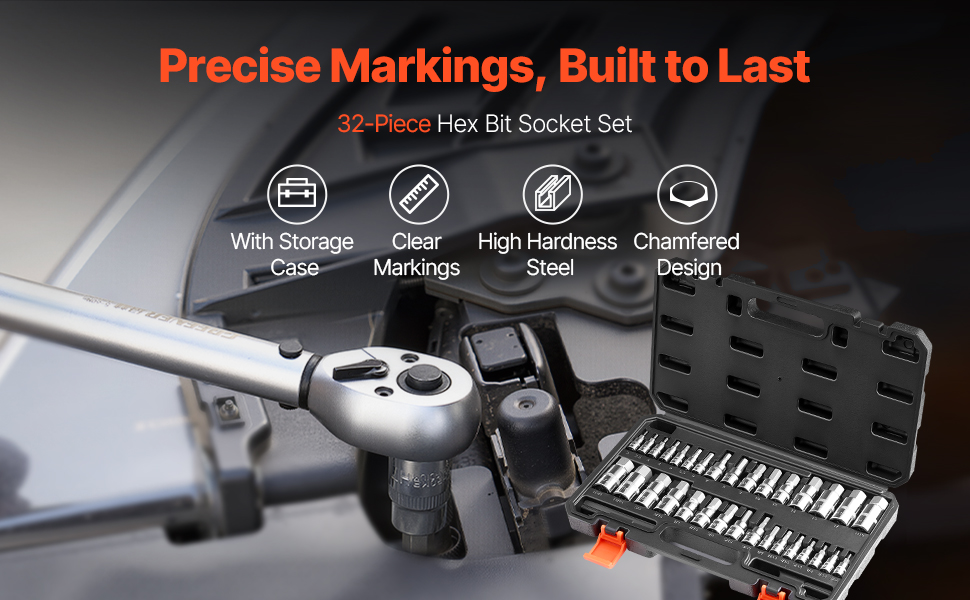 Hex Bit Socket Set 32-Piece S2 Alloy Steel Cr-V Steel Standard SAE and ...