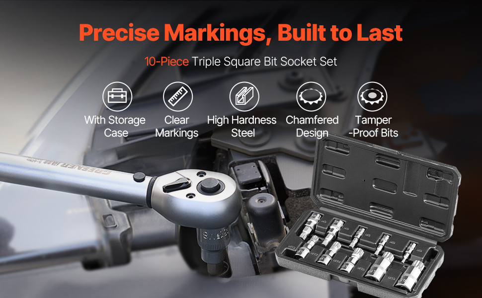 XZN Triple Square Spline Bit Socket Set 10-Piece M4-M18 Cr-V Steel ...