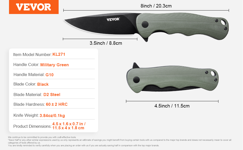 Folding Pocket Knife 3.5 in/8.8 cm D2 Steel Blade G10 Handle Pocket ...