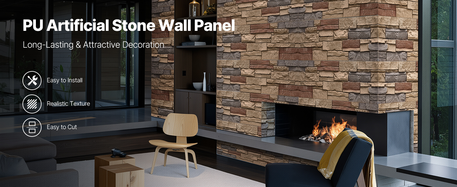 Faux Stacked Stone Wall Panel 45.6x12.8 in PU Artificial Stone Wall ...