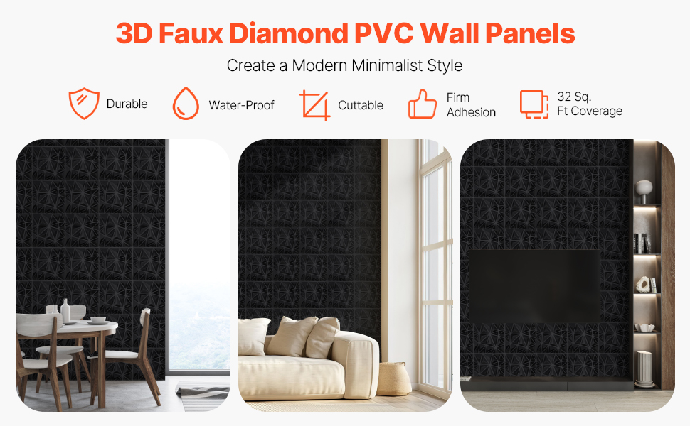 VEVOR 3D Wall Panels 33-Pack 11.81x11.81'' PVC 32 Sq.Ft Coverage ...