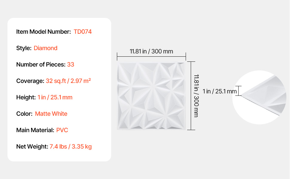 VEVOR 3D Wall Panels 33-Pack 30x30 cm PVC 2.97 m² Coverage Diamond ...