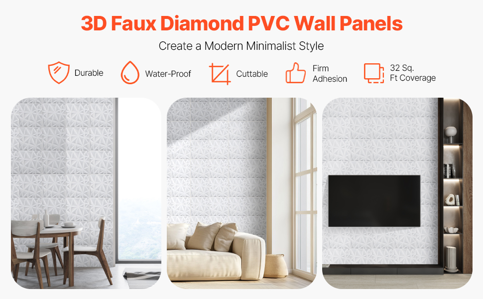 VEVOR 3D Wall Panels 33-Pack 30x30 cm PVC 2.97 m² Coverage Diamond ...