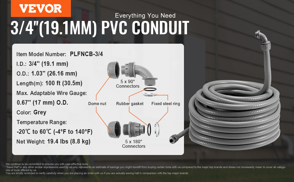 VEVOR 3/4-Inch Flexible Electrical Conduit, 100 ft, PVC Liquid-Tight ...