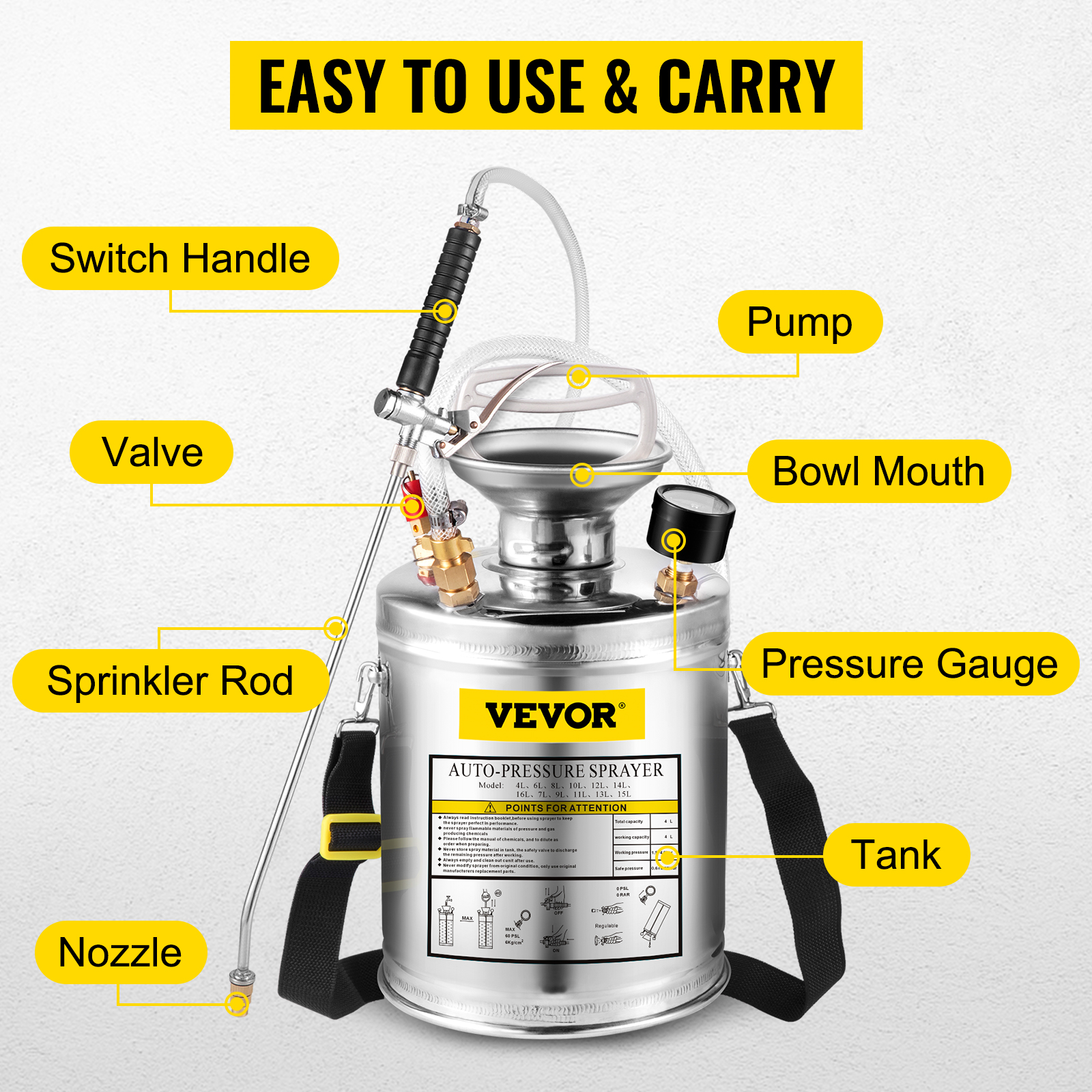 VEVOR 1Gal Stainless Steel, Set with 12" Wand& Handle& 3FT Reinforced ...