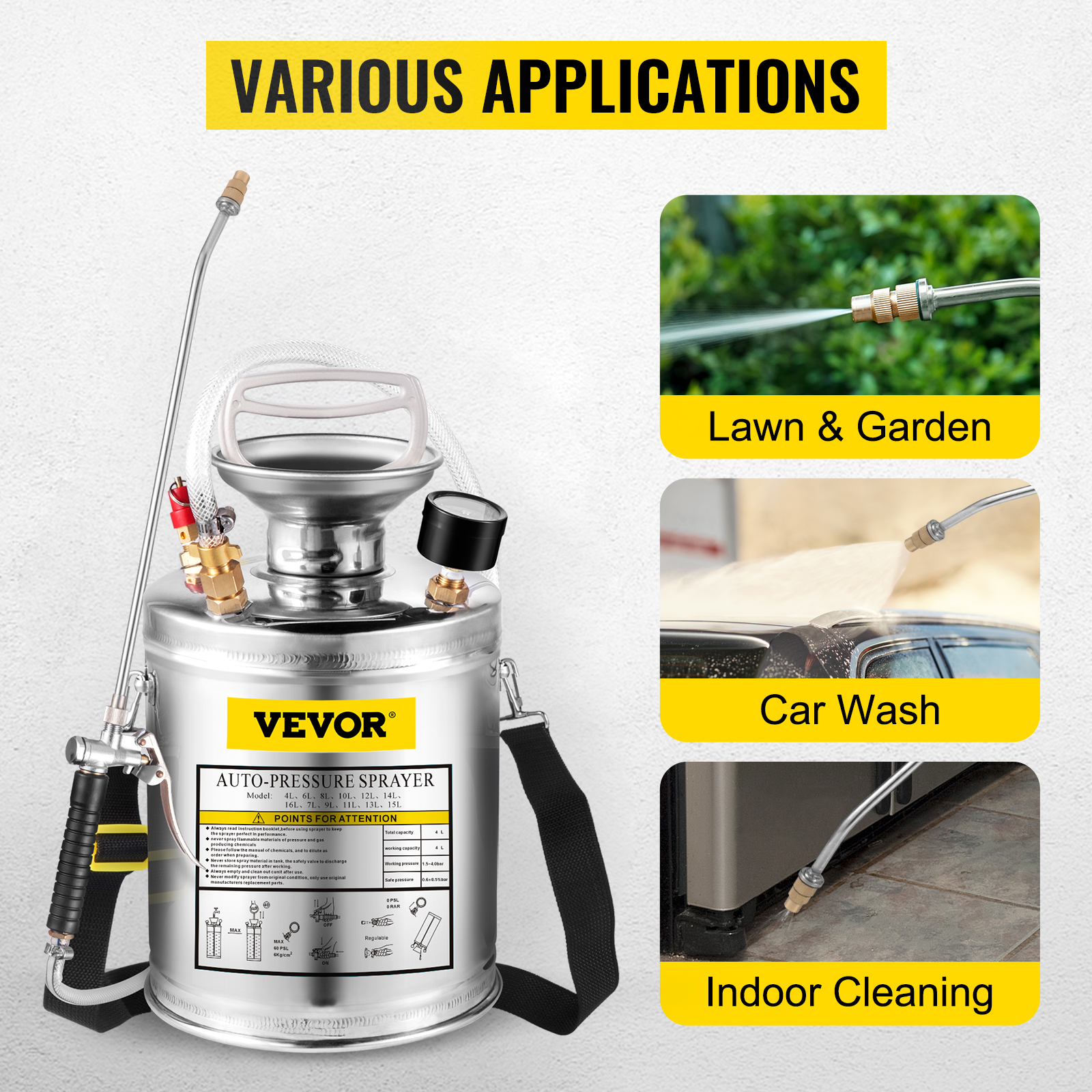 VEVOR 1Gal Stainless Steel, Set with 12" Wand& Handle& 3FT Reinforced ...