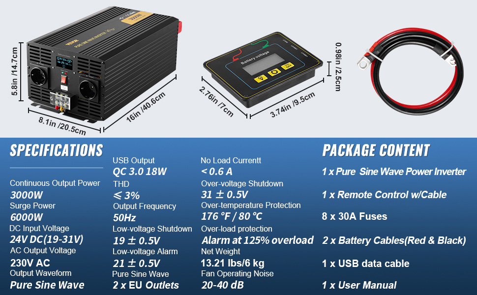 VEVOR Pure Sine Wave Inverter Power Inverter 3000W DC24V to AC230V ...