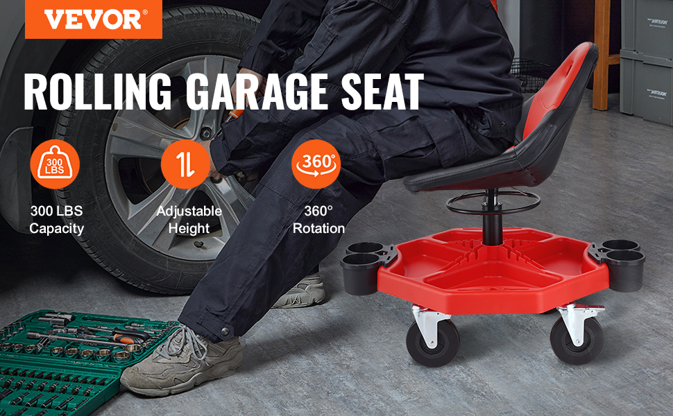 VEVOR Rolling Garage Stool 300LBS Adjustable Mechanic Work Shop Seat w ...