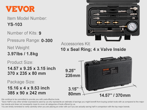 VEVOR Compression Tester Adapter Kit, 9 Pcs Automotive Engine Cylinder ...