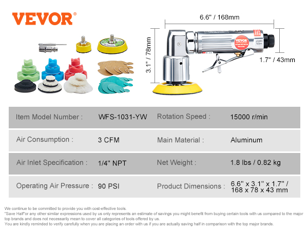 VEVOR 1/2/3 Inch Random Orbital Air Sander, High-Speed 15000RPM Mini ...