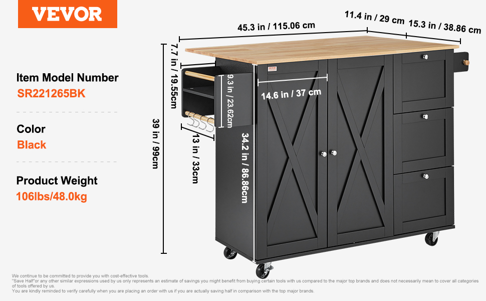 VEVOR Kitchen Island Cart Rolling Storage Cabinet on Wheel with Drawer ...
