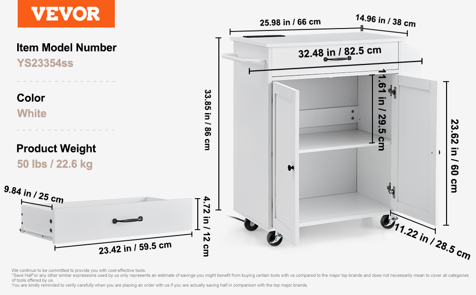 VEVOR Kitchen Island Cart Rolling Storage Cabinet on Wheel with ...