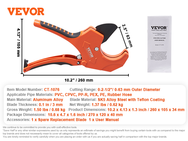 VEVOR PVC Pipe Cutter, 0-2-1/2" O.D. Ratcheting PVC Pipe Cutter, Heavy ...