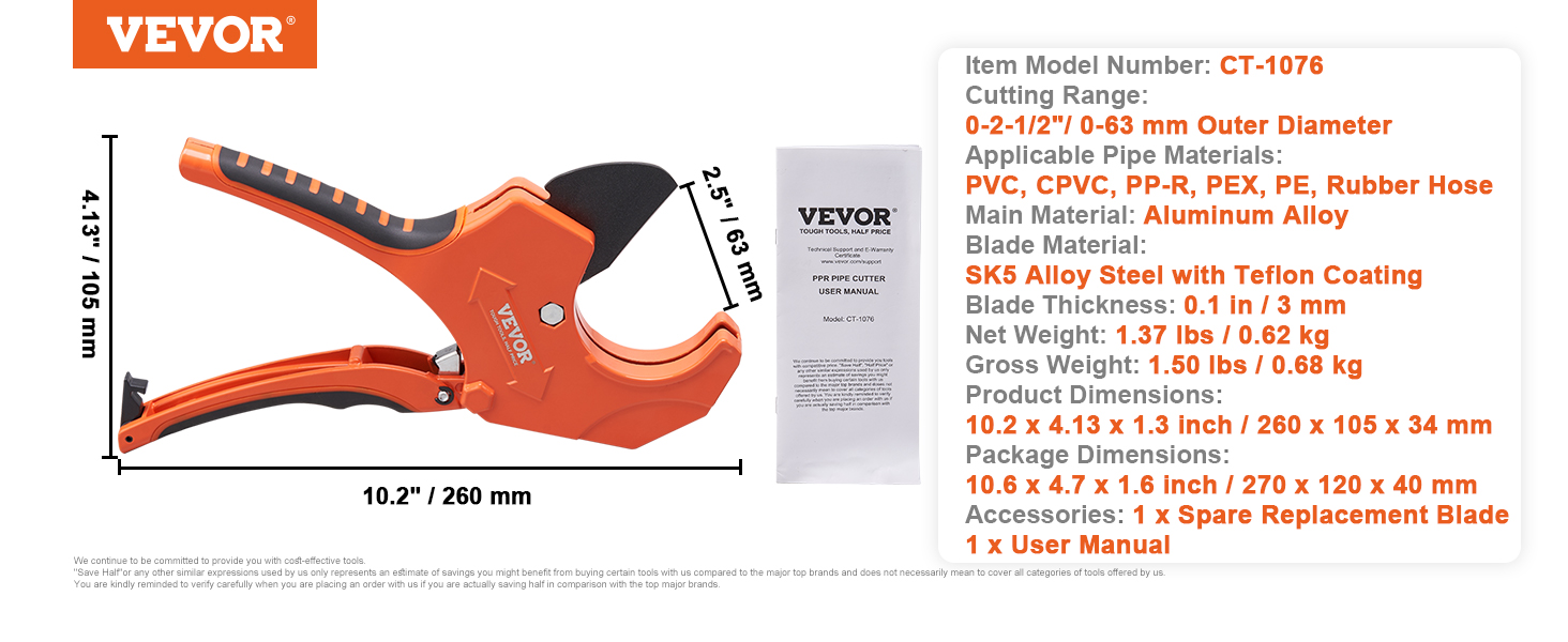 VEVOR PVC Pipe Cutter, 0-2-1/2" O.D. Ratcheting PVC Pipe Cutter, Heavy ...