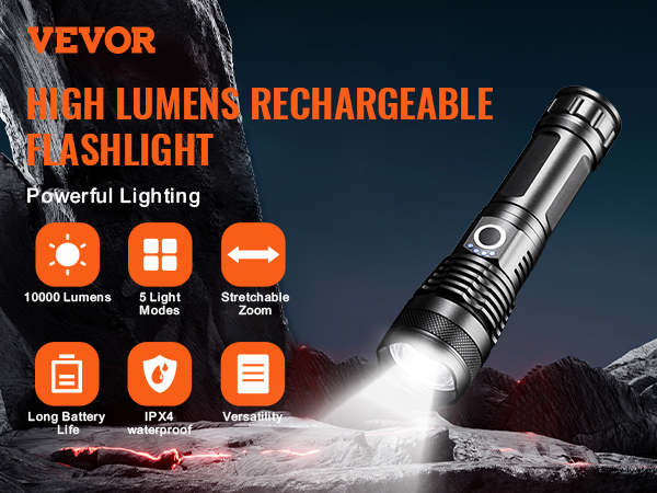 VEVOR 10000 Lumen High Lumens Flashlight, 5 Lighting Modes Rechargeable ...
