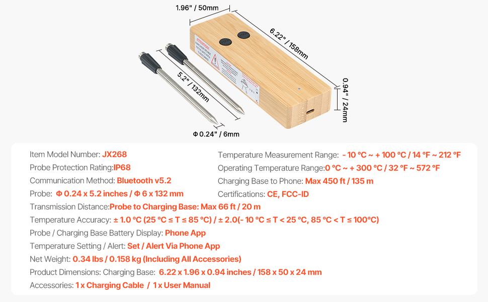 VEVOR Wireless Meat Thermometer Bluetooth Meat Probe Two Probes for ...