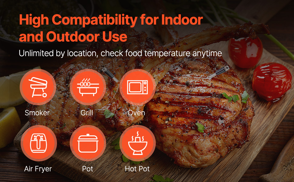 VEVOR Wireless Meat Thermometer Bluetooth Meat Probe Two Probes for ...