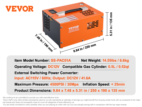 VEVOR PCP Air Compressor, 4500PSI/30Mpa Portable PCP Compressor with ...