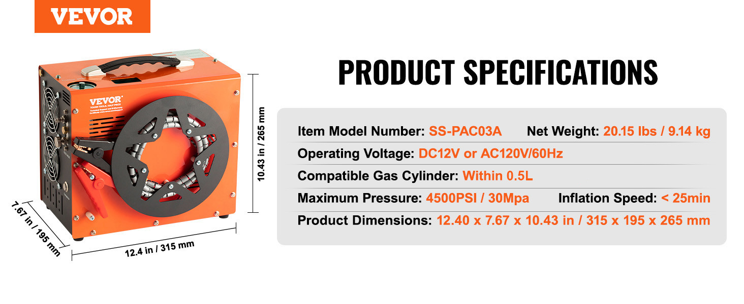 VEVOR PCP Air Compressor, 4500PSI/30Mpa Portable PCP Compressor with ...