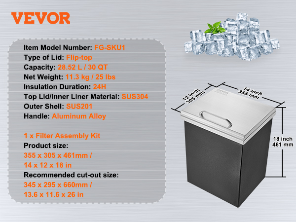 VEVOR Drop in Ice Chest, 14"L x 12"W x 18"H Stainless Steel Ice Cooler ...