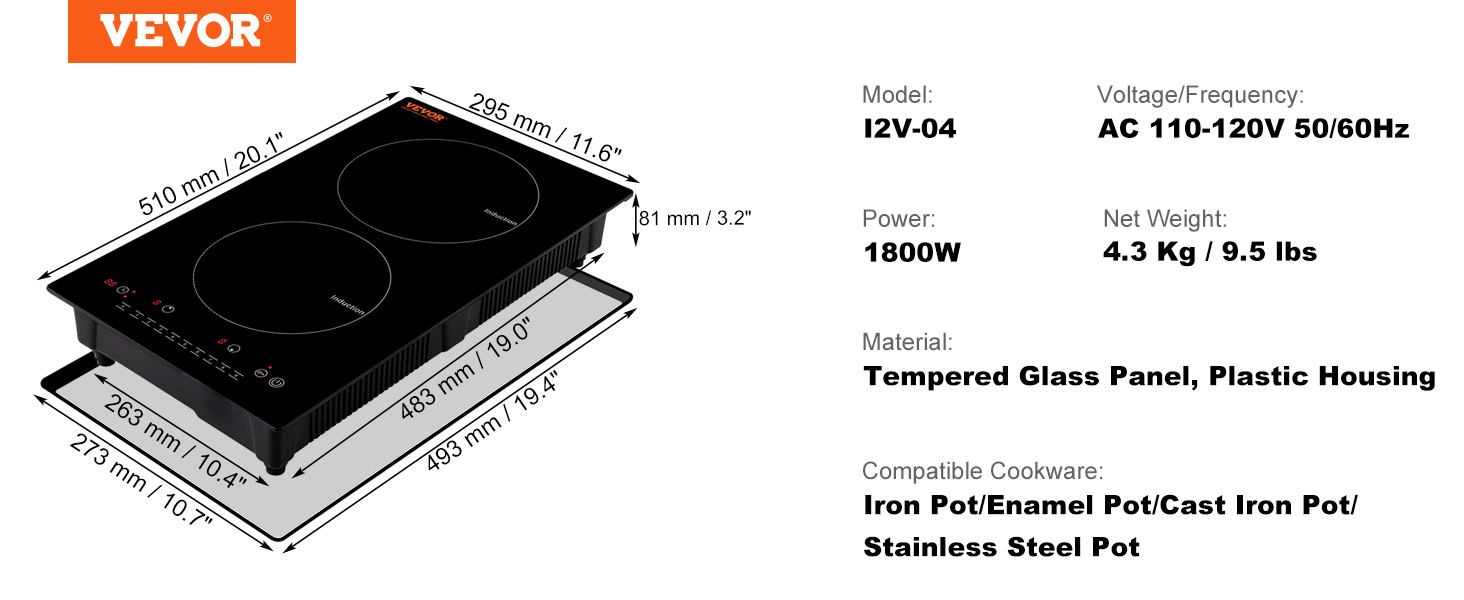 VEVOR Electric Cooktop, 2 Burners, 12'' Induction Stove Top, Built-in ...