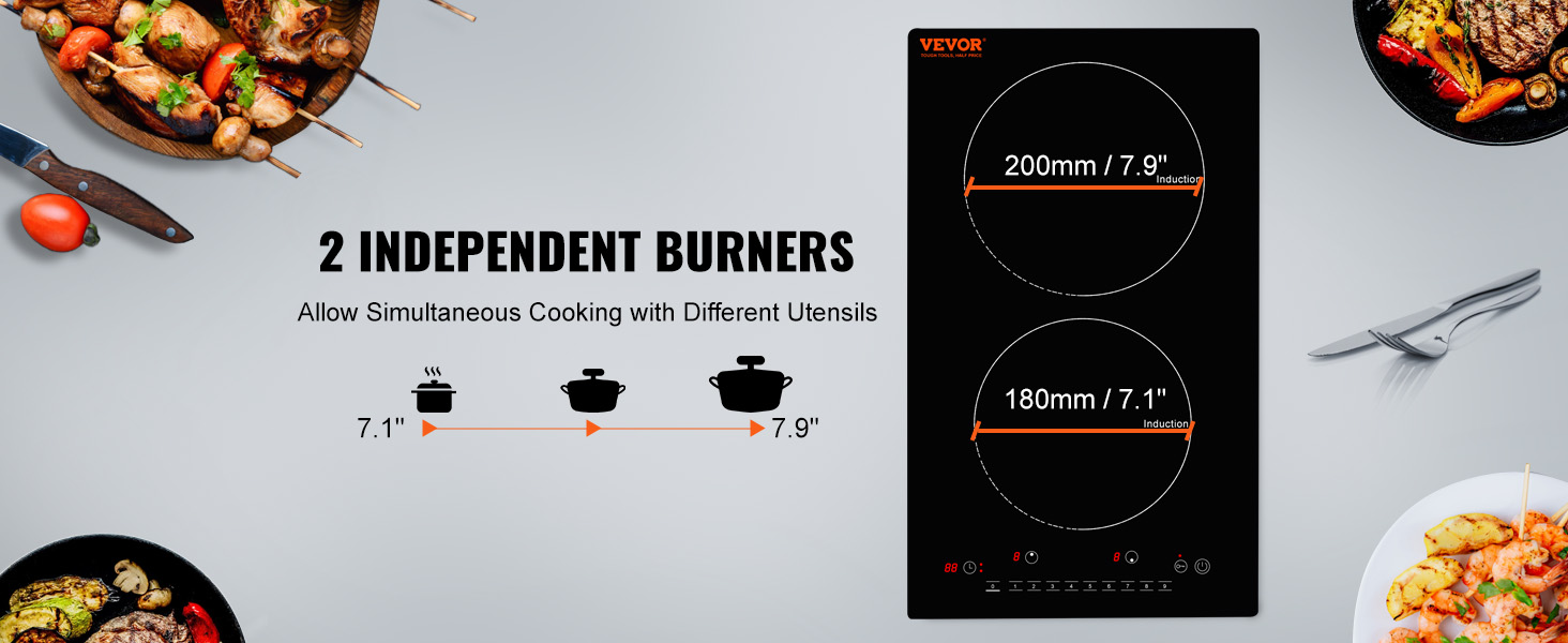 VEVOR Electric Cooktop, 2 Burners, 12'' Induction Stove Top, Built-in ...