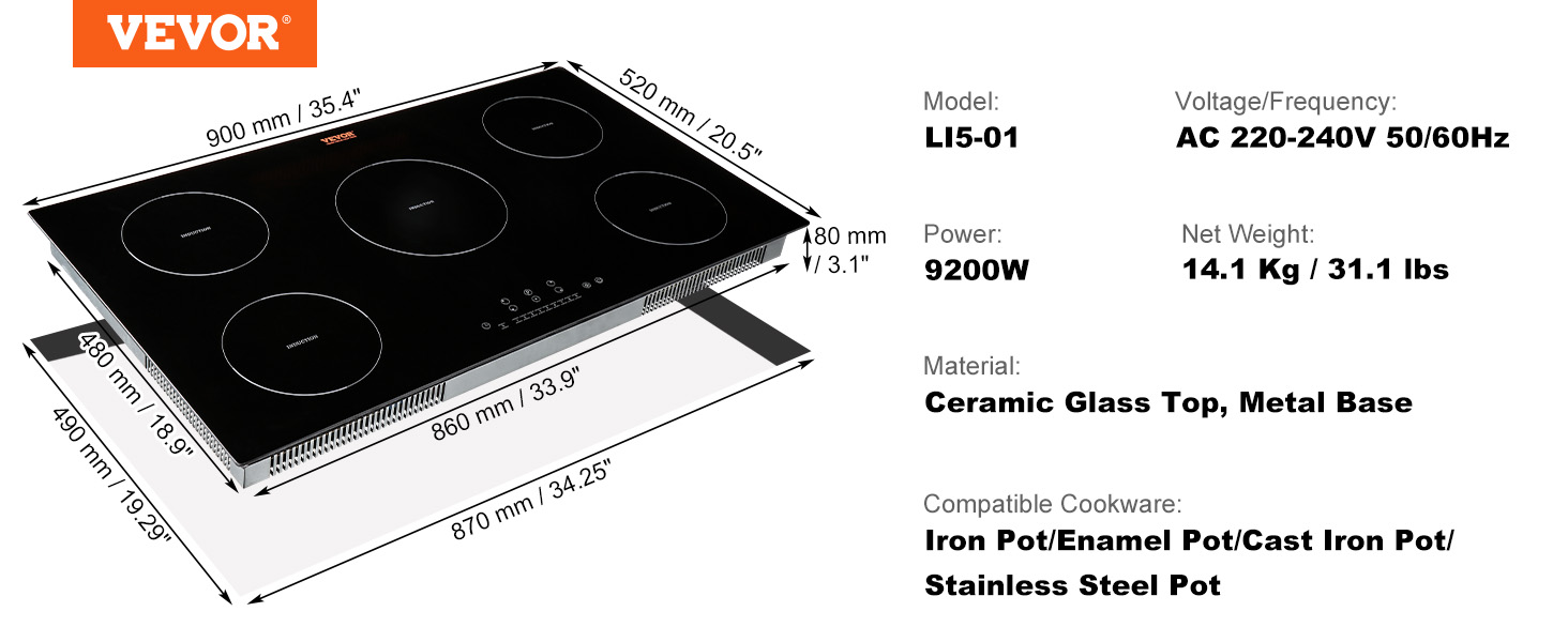 VEVOR Electric Cooktop, 5 Burners, 36'' Induction Stove Top, Built-in ...