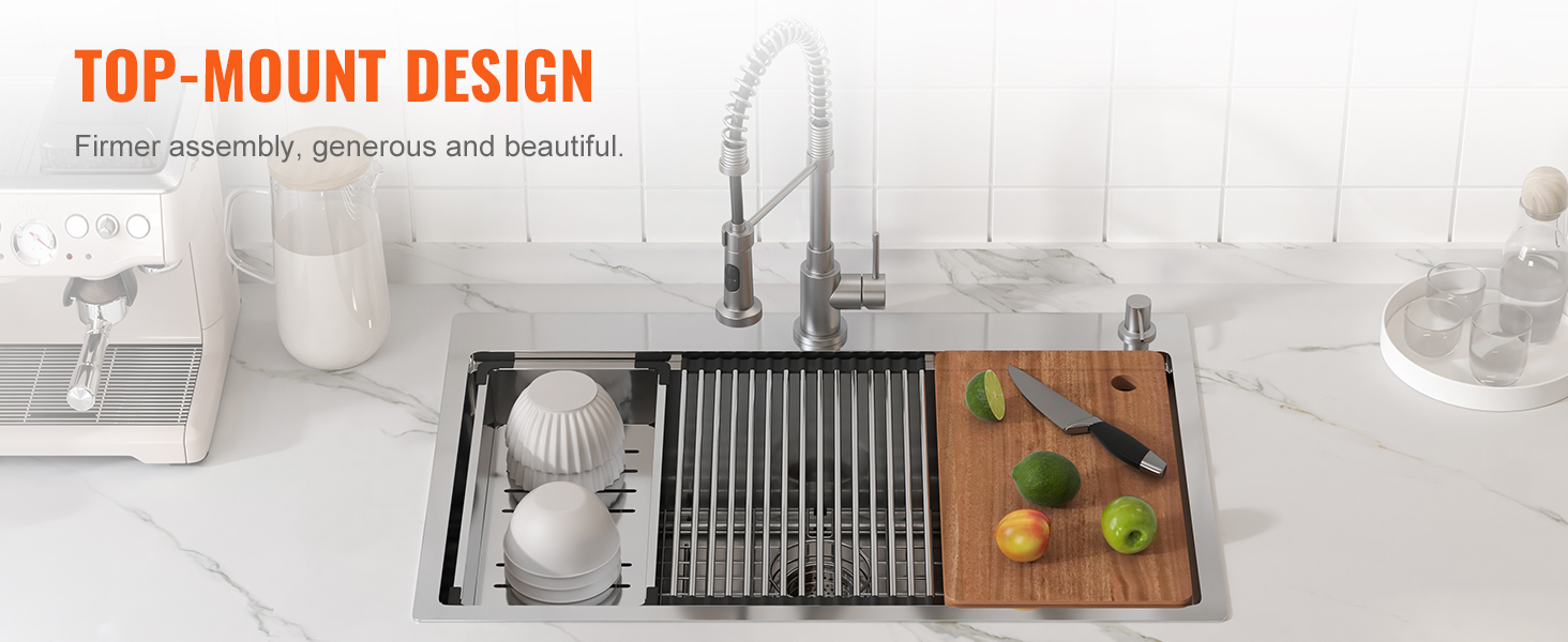 VEVOR Kitchen Sink, 304 Stainless Steel Drop-In Sinks, Top Mount Single ...