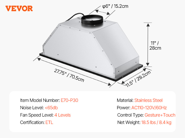 VEVOR 30in Built-in Range Hood Insert Vent Hood 800CFM Gesture & Touch ...