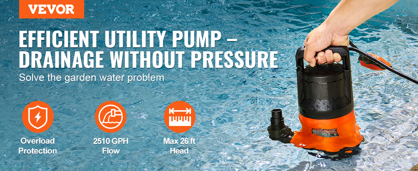 VEVOR Submersible Utility Pump Sump Pump 400W 2510 GPH 26 ft Head Water ...