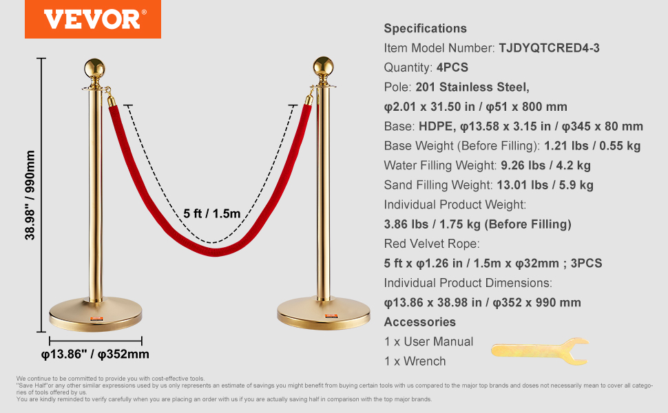 VEVOR Stanchion Post with Velvet Rope, 4-Pack Crowd Control Stanchion ...