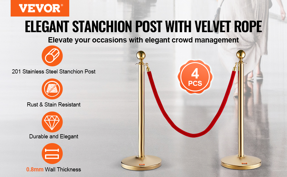 VEVOR Stanchion Post with Velvet Rope, 4-Pack Crowd Control Stanchion ...