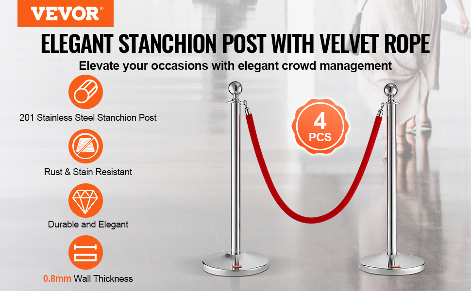 VEVOR Stanchion Post with Velvet Rope, 4-Pack Crowd Control Stanchion ...