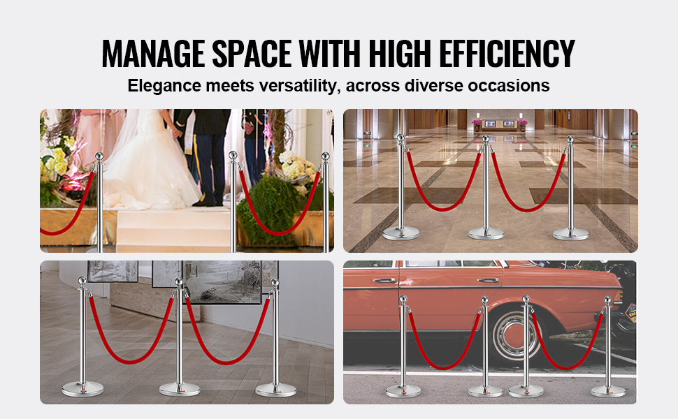 VEVOR Stanchion Post with Velvet Rope, 4-Pack Crowd Control Stanchion ...