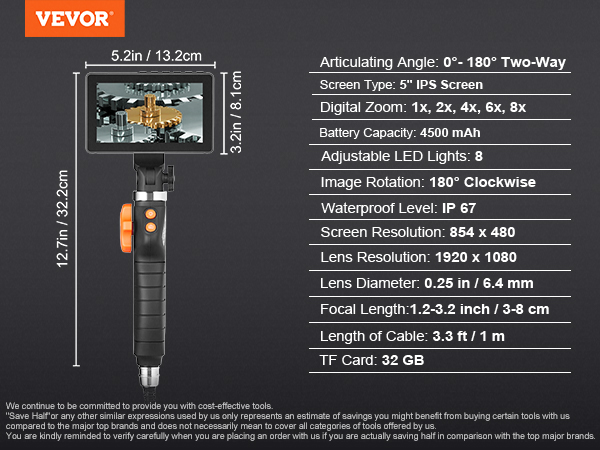 VEVOR Articulating Borescope Camera with Light, Two-Way Articulated ...