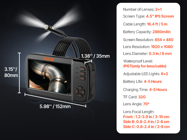 VEVOR Borescope Camera, Triple Lens Endoscope Camera with Light, 4.5 ...