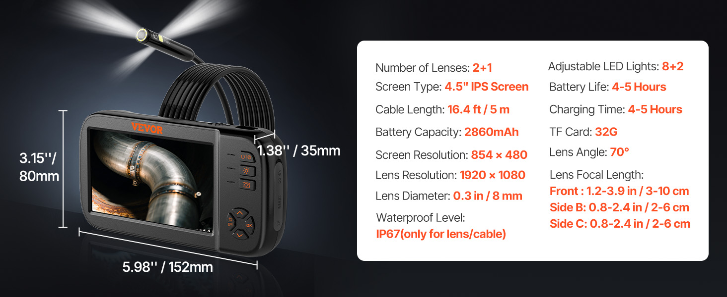 VEVOR Borescope Camera, Triple Lens Endoscope Camera with Light, 4.5 ...