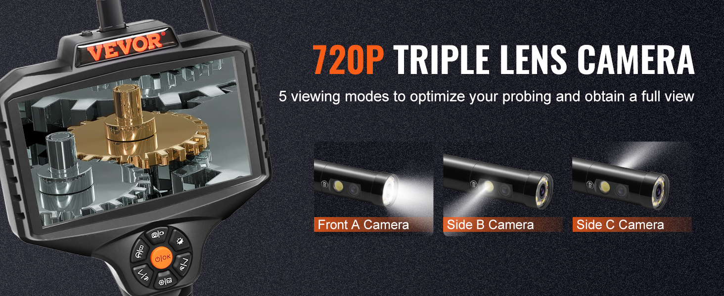 VEVOR Triple Lens Borescope, 5" IPS Screen Inspection Camera with ...