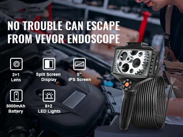 VEVOR Triple Lens Borescope, 5" IPS Screen Inspection Camera with ...