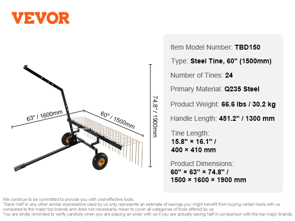 VEVOR Tow Behind Dethatcher, 60-inch Tow Dethatcher with 24 Steel Tines ...