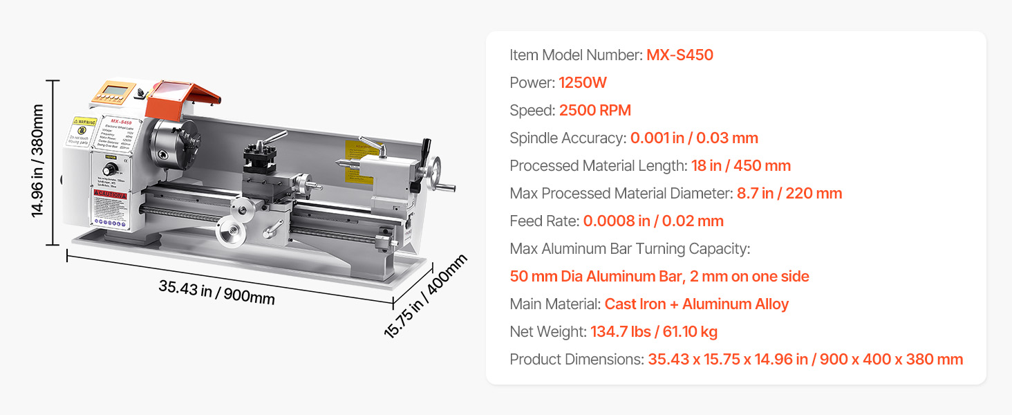 VEVOR Metal Lathe Machine 8.7 x 18 in Bench Power Metal Lathe Automatic ...