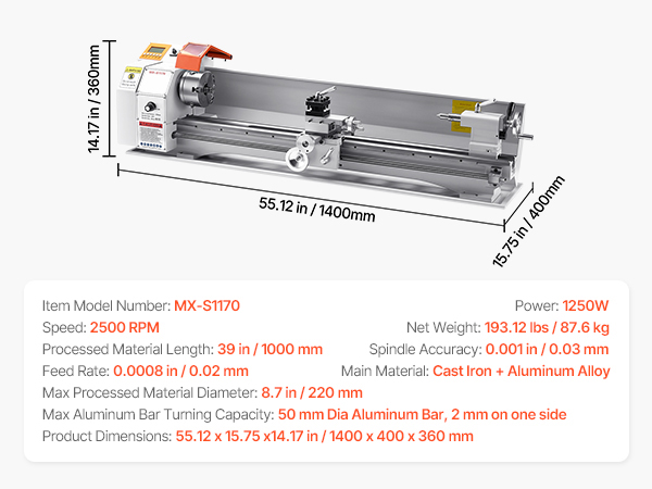 Metal Lathe Machine 8.7 x 39 in Precision Bench Power Metal Lathe ...