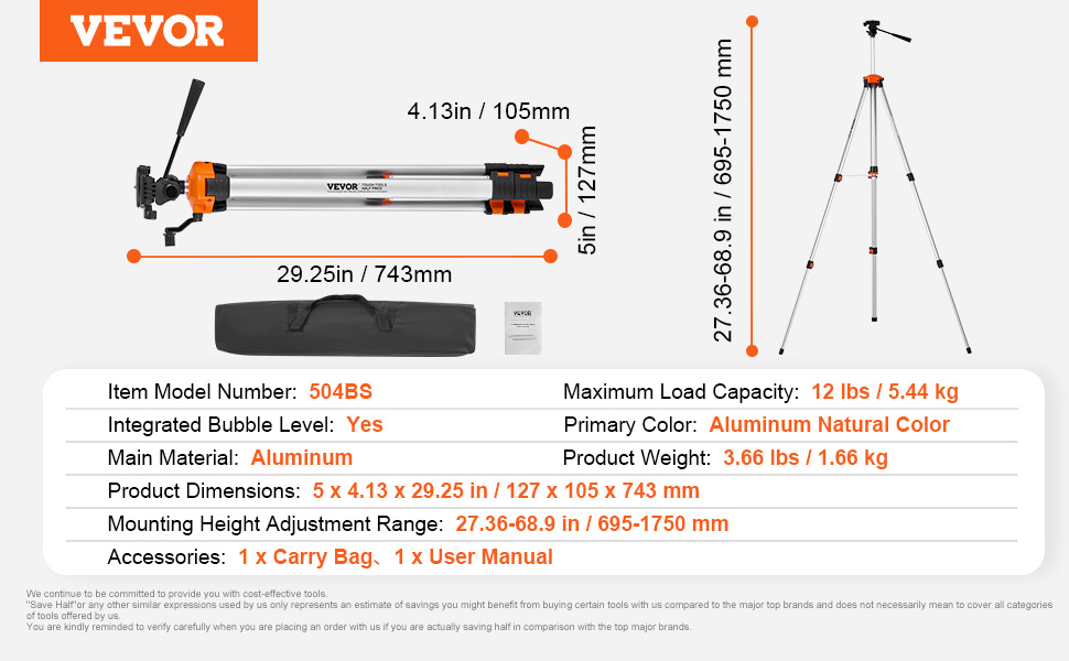 VEVOR Laser Level Tripod ¼ x 20 Thread 27.36-68.11 inch Height ...
