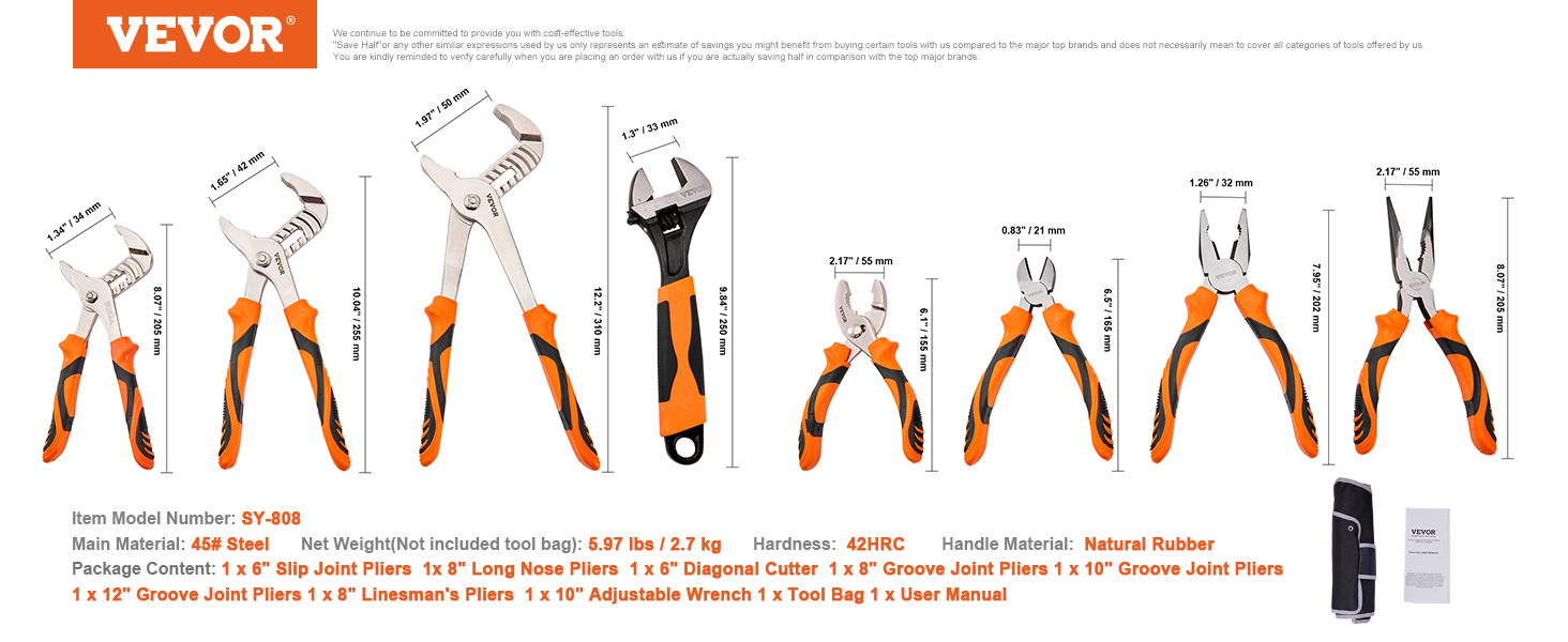 VEVOR 8-Piece Pliers Set, High Carbon Steel, 12"/10"/8" Groove Joint ...