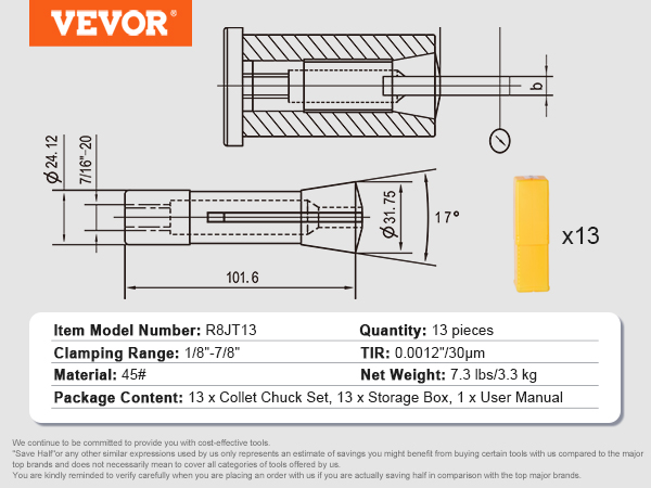 VEVOR 13 pcs Precision R8 Collet Set, 1/8'' - 7/8'', 45# Alloy Steel ...