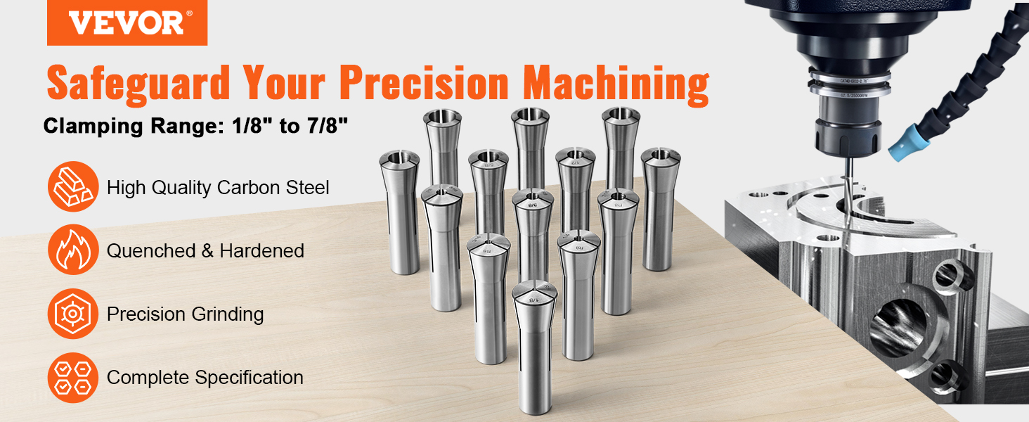 VEVOR 13 pcs Precision R8 Collet Set, 1/8'' - 7/8'', 45# Alloy Steel ...